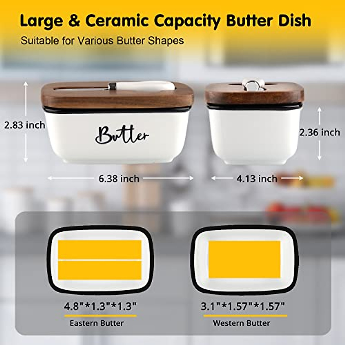 Butter Dish with Lid and Knife for Countertop, Airtight Butter Keeper for Counter or Fridge, Ceramic Butter Container with Thick Acacia Wood Lid, for Modern Kitchen Decor and Accessories, White