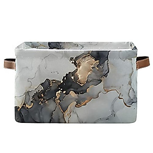 Gougeta Foldable Storage Basket with Handle, Grey Blue Marble Rectangular Canvas Organizer Bins for Home Office Closet Clothes Toys 2 Pack