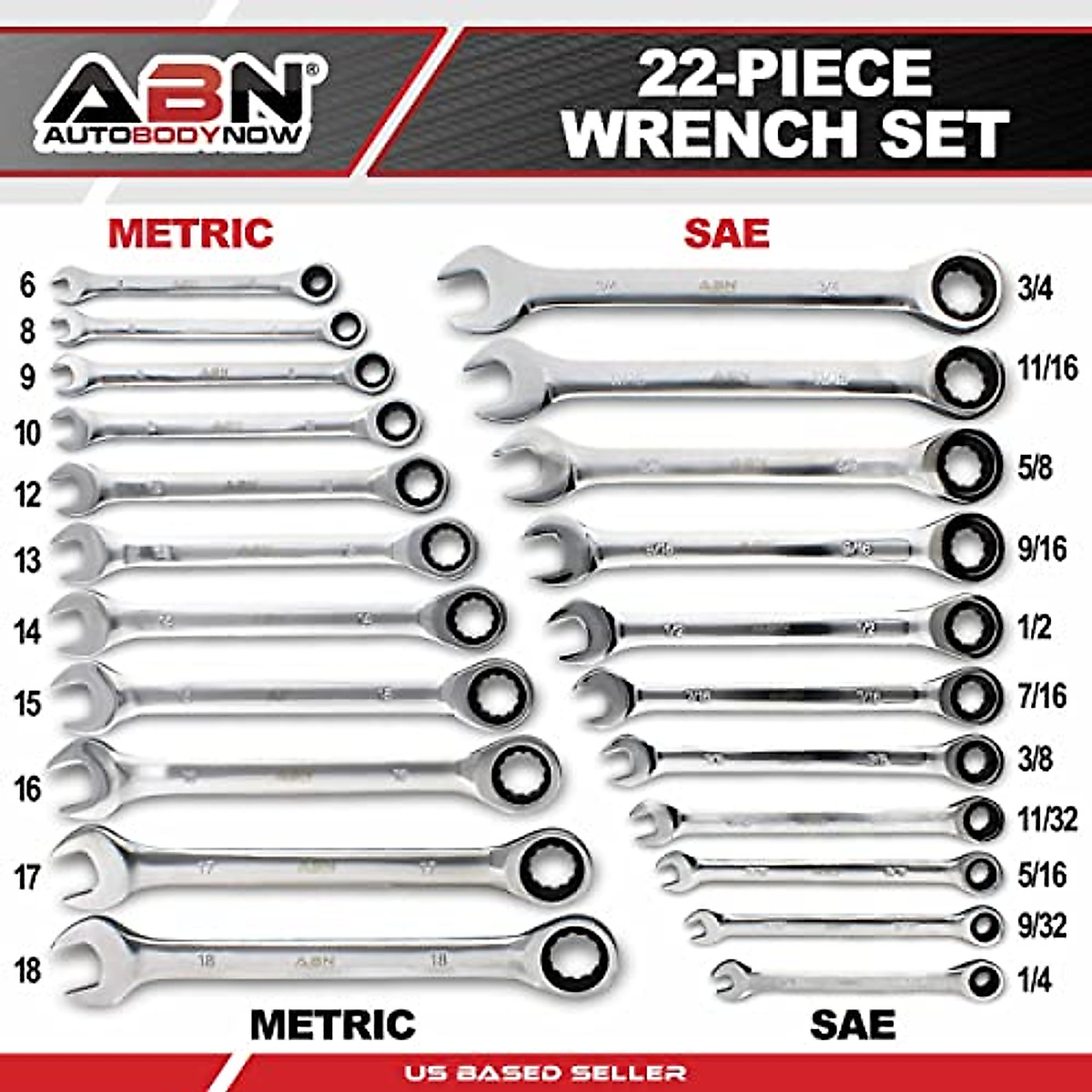 ABN Combo Ratchet Wrench Set SAE and Metric Sizes - 22 Pc Ratcheting Wrench Set with Travel Pouch