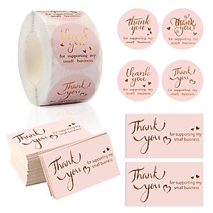 600PCS Thank You Cards and Stickers, Gold Foil Pink Thank You Business Greeting Cards 1.5 Inch Thank You for Supporting My Small Business Stickers for Online Retail Shop Package Inserts