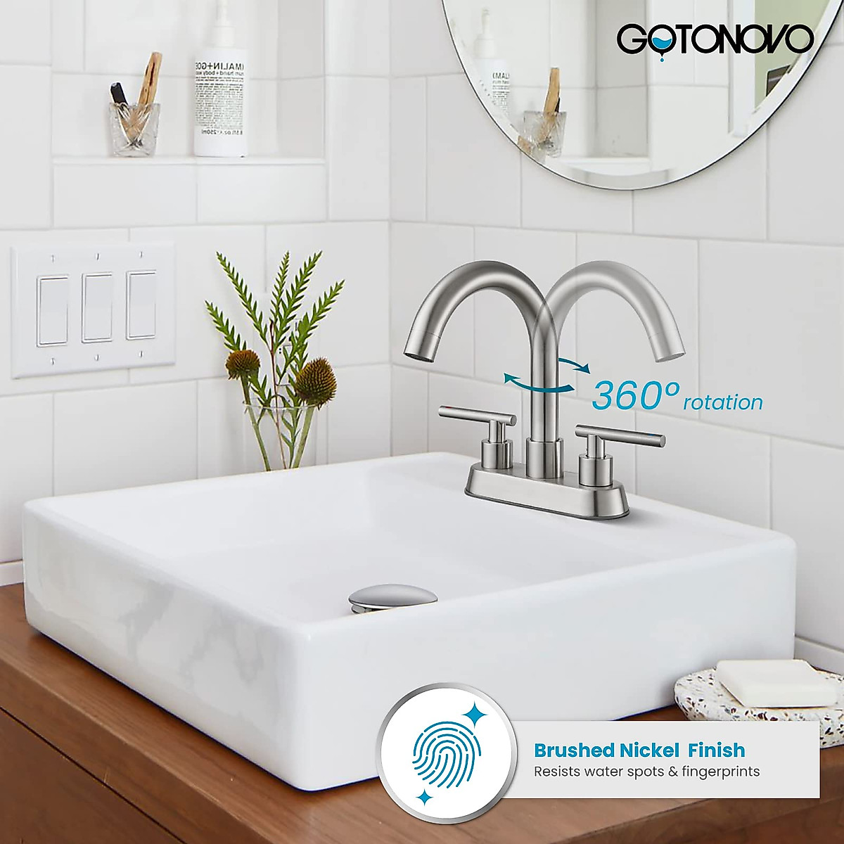 gotonovo 4 Inch Centerset Modern Bathroom Sink Faucet 2 Hole Brushed Nickel Swivel Spout 2-Handle Deck Mounted Lavatory Faucet with Water Supply Lines and Pop Up Drain