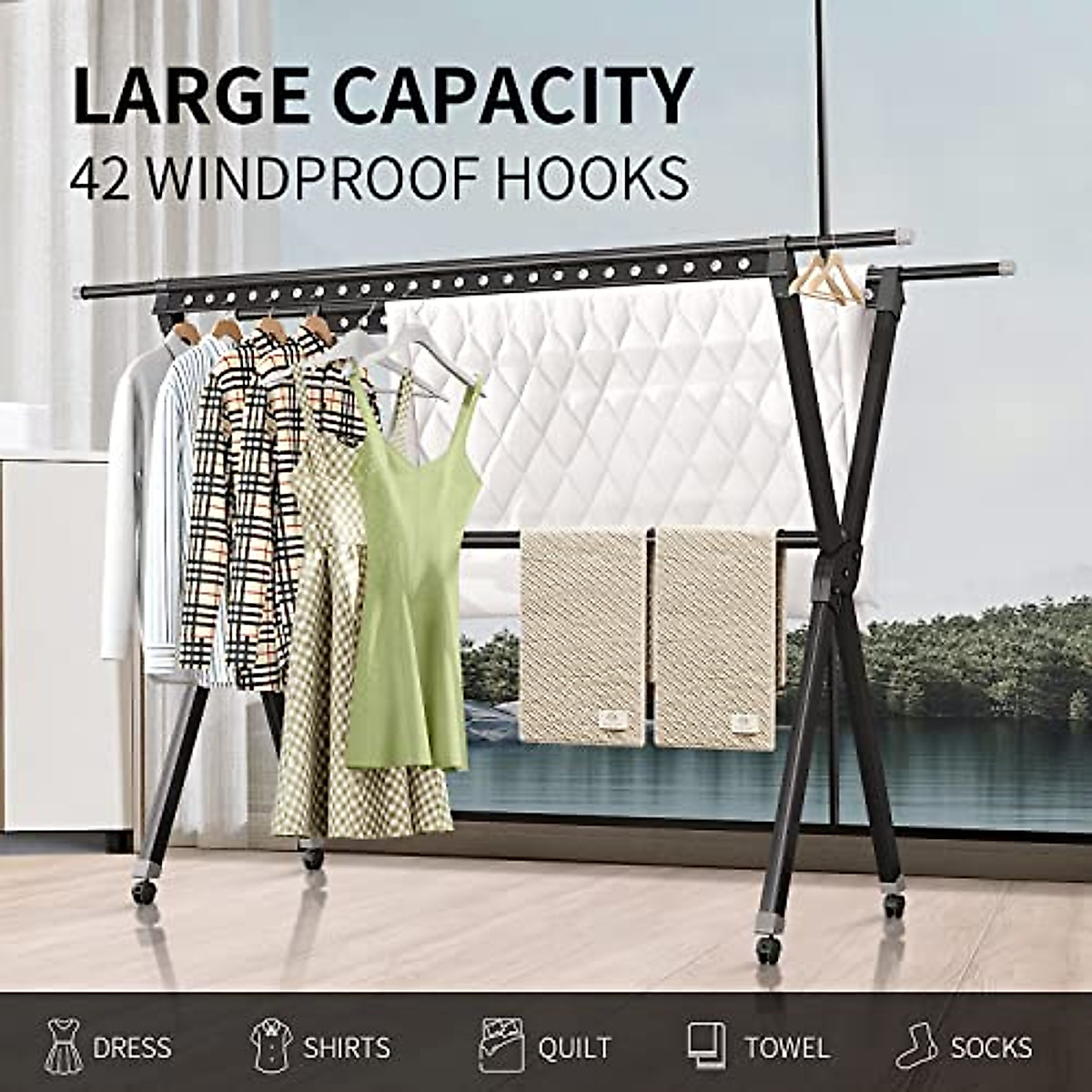 HWAJAN 90 Inches Folding Clothes Drying Rack Indoor Outdoor-Aluminum Collapsible Clothing Drying Racks for Laundry-Heavy Duty Foldable Clothes Dryer Rack with 42 Windproof Hooks,Large,Black