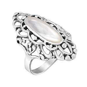 AeraVida Cute Heart Filigree Oval Mother of Pearl .925 Sterling Silver Ring