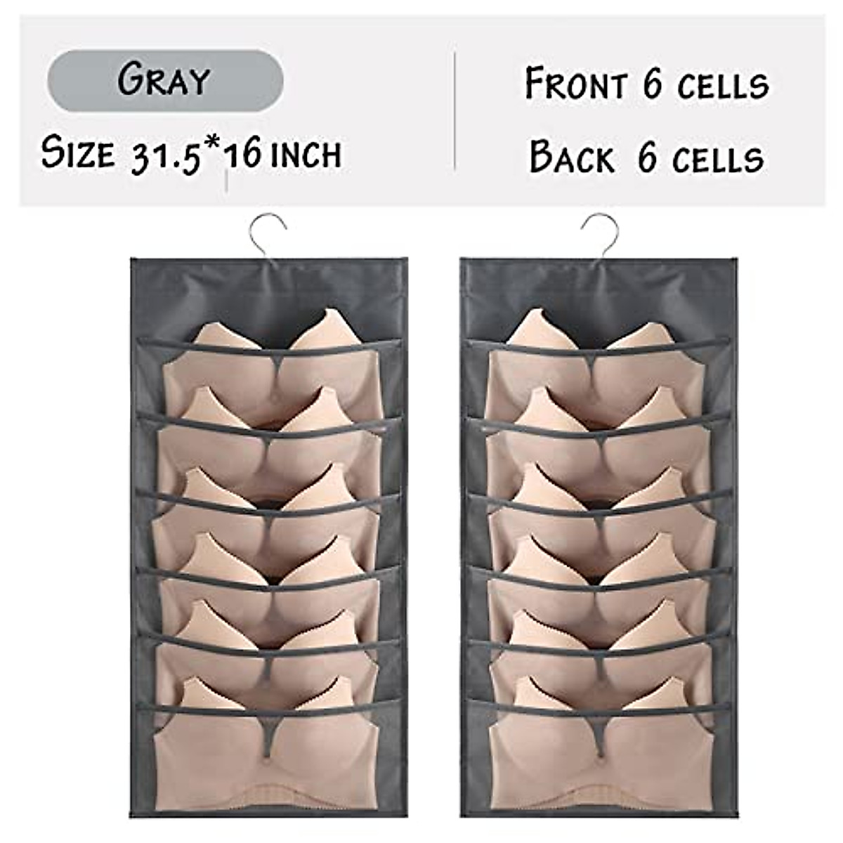 YUNZSXJY Bra organizers hanging bra storage bra hanger Double Sided with Pockets,Space Saving closet organzier for Bra underwear Clothes Socks wardrobe (Gray, 3PCS 6+6 Pockets)