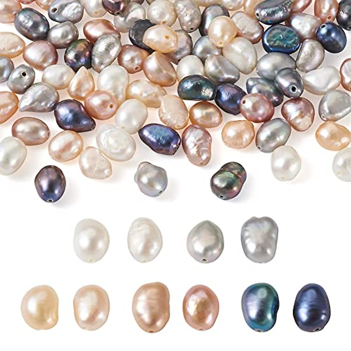 Beadthoven 100pcs Natural Freshwater Pearl Beads 6-8mm Mix Irregular Nuggets Pearl Beads Oval Rice Loose Pearls for DIY Bracelet Necklace Jewelry Making Beading Crafts Supplies Hole 0.5-0.7mm