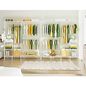 Ulif E2 Heavy Duty Garment Rack, 4-Tier Adjustable Free Standing Closet, Closet Organizers and Storage with 3 Hanger Rods for Bedroom and Cloakroom, 65”W x 14.5”D x 78.3”H, Load Capacity 750LBS, White