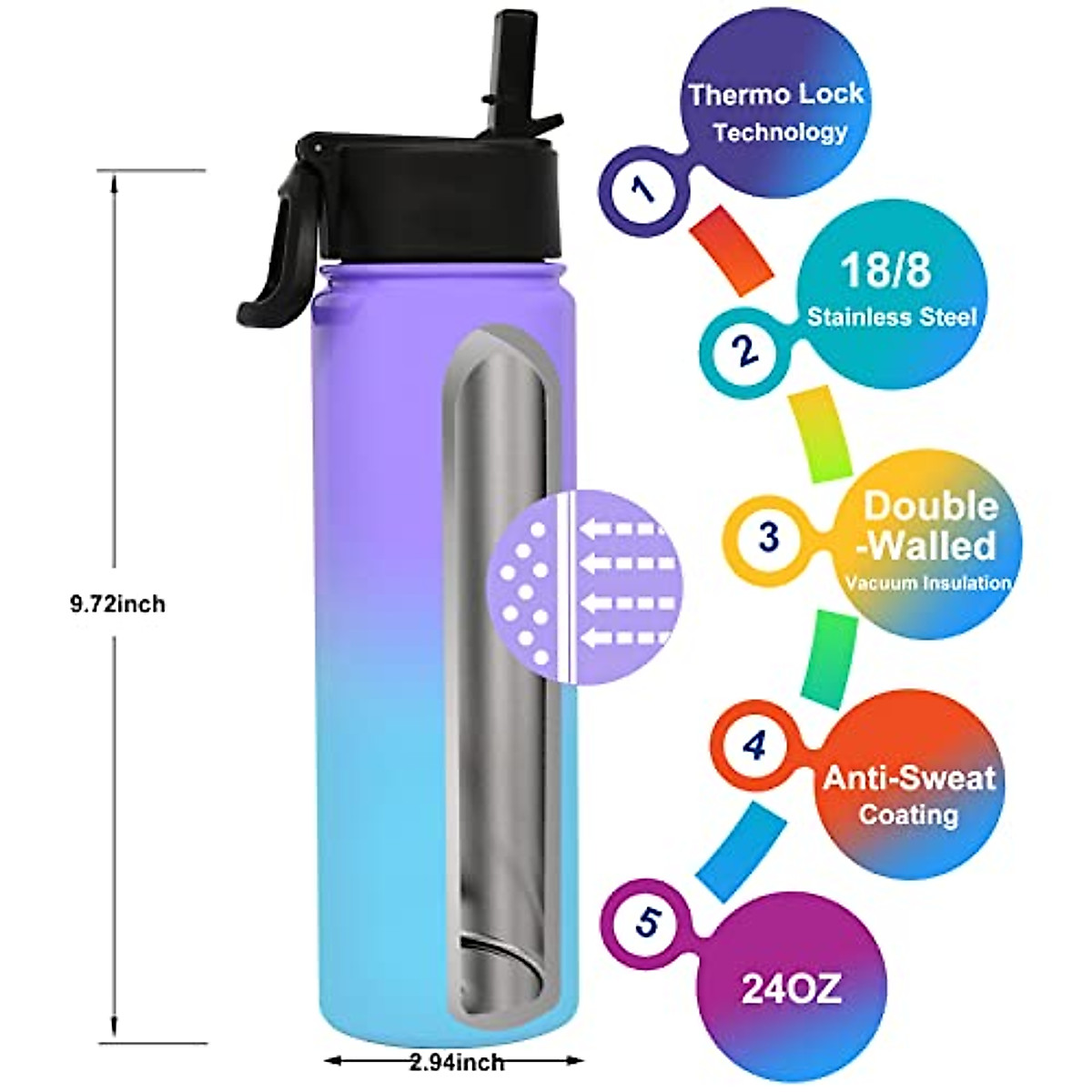 Akyta 24 OZ Water Bottle, Sports Vacuum Insulated Water Bottle with Straw lid, Keep Water cold/Hot, Double Walled Stainless Steel, Leakproof Wide Mouth Thermos Metal Water Bottles for Hiking Biking