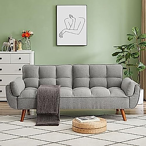 Sofa Bed with Wood Base, Modern Convertible Futon Sleeper Couch Daybed with Adjustable Backrest for Studio, Apartment, Office, Small Space, Compact Living Room Recliners (Grey)