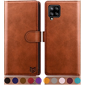 SUANPOT for Samsung Galaxy A12 with RFID Blocking Leather Wallet case Credit Card Holder, Flip Folio Book Phone case Shockproof Cover for Women Men for Samsung A12 case Wallet (Light Brown)