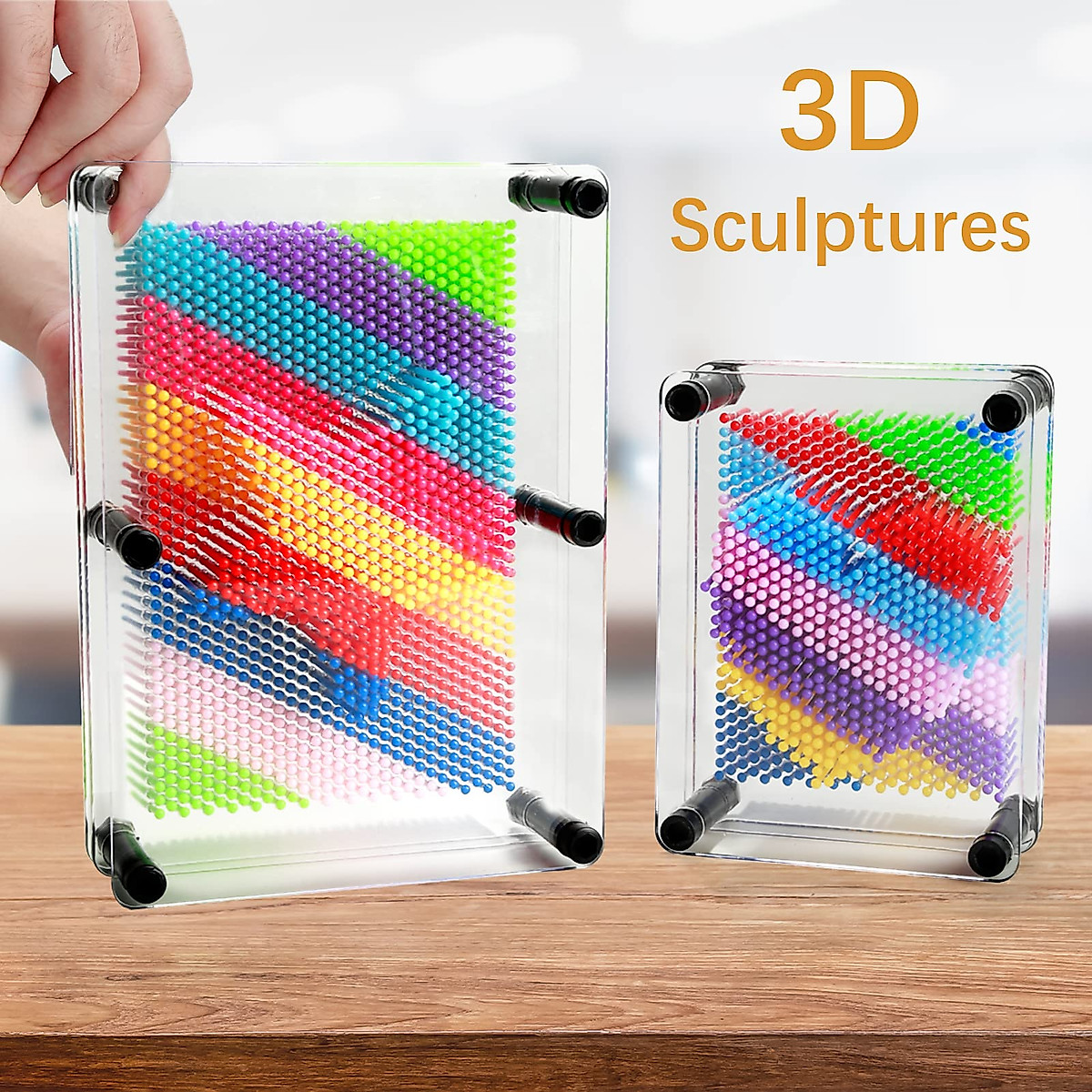 Aoibrloy 2 Pack 3D Pin Art Toy，Rainbow Sensory Pin Art Board Assorted Size Pin Impression Sculpture Needle Toys for Kids or Adults