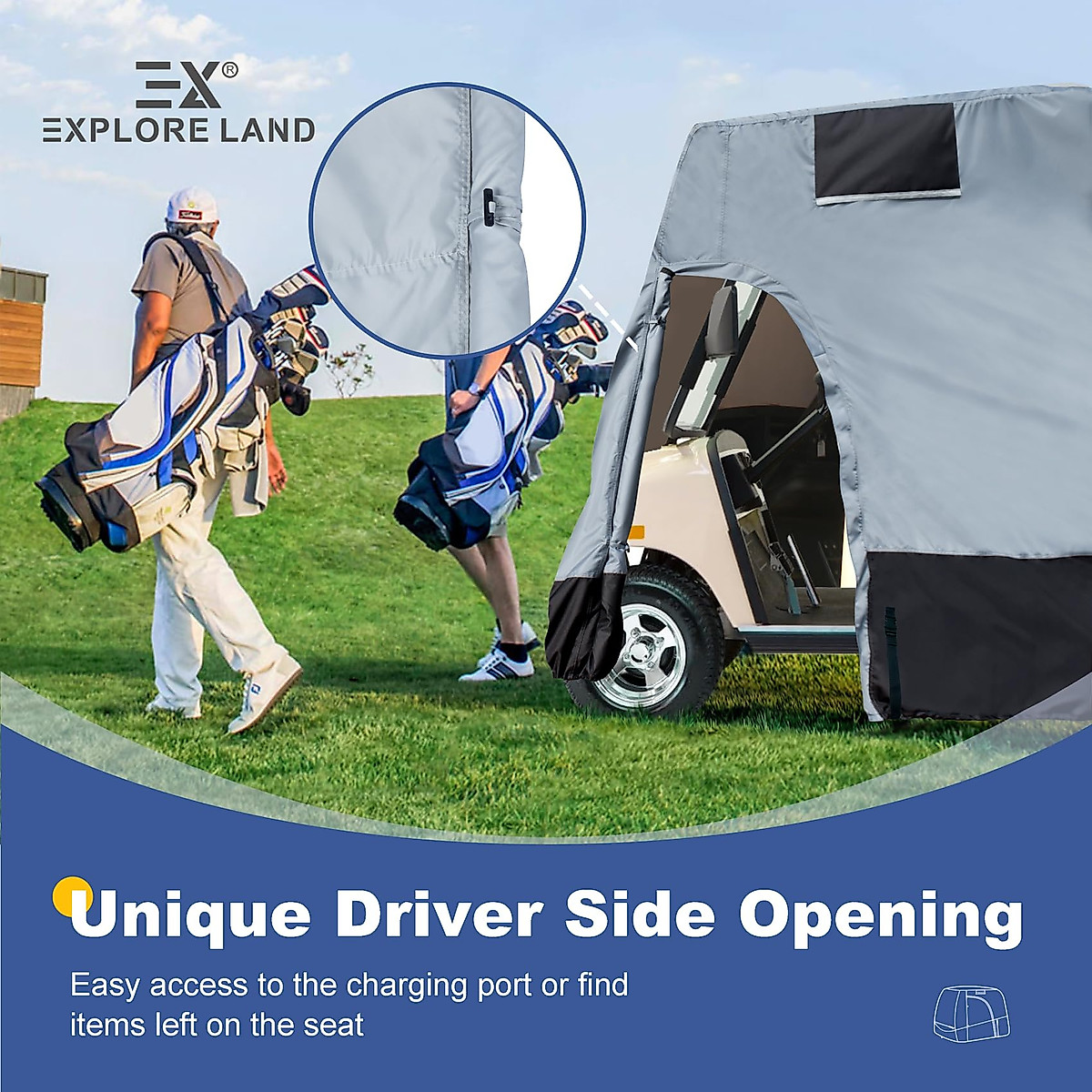 Explore Land Weatherproof 4 Passengers Golf Cart Cover Universal Fits EZGO Club Car Yamaha - All Season Golf Cart Enclosure with Driver Side Door and Back Side Zipper Window
