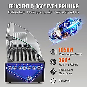 VEVOR Hot Dog Roller 7 Rollers 18 Hot Dogs Capacity 1050W Stainless Sausage Grill Cooker Machine with Dual Temp Control Glass Hood Acrylic Cover Bun Warmer Shelf Removable Oil Drip Tray, ETL Certified