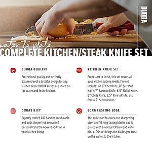 BUBBA Complete Kitchen and Steak Knife Set for all your kitchen cutting needs with G10 Handles, Premium German Stainless Steel and a Parawood Knife Block