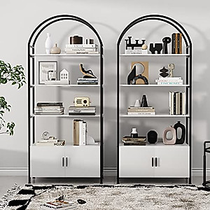 Jehiatek Arched Bookshelf, Bookcase with Doors Storage, 71 Inches Tall Industrial Book Shelf with Sturdy Metal Frame, E1 Quality Boards, Freestanding Display Shelving Unit, Black and White