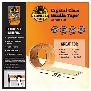 Gorilla Crystal Clear Repair Duct Tape, 1.88” x 9 yd, Clear, (Pack of 12)