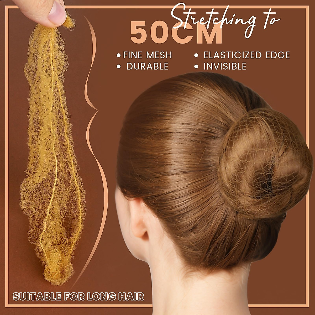 YGDZ 50cm Hair Nets for Buns, 40pcs - Light Coffee Nylon Mesh Hair Accessories for Ballet Girls, Food Service, Sleeping, Wig, Women, Girls, with 40 U Shaped Bobby Pins, Hair Ties