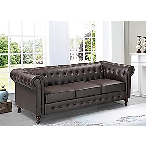 Container Furniture Direct Teressa Faux Leather Chesterfield Sofa for Living Room, Apartment or Office, Three Seater Mid Century Modern Couch, 82" W, Brown