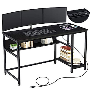 Rolanstar Computer Desk 55” with Power Outlet & Storage Shelves, Home Office PC Desk with USB Ports Charging Station, Writing Study Desktop Table with Stable Metal Frame, Black