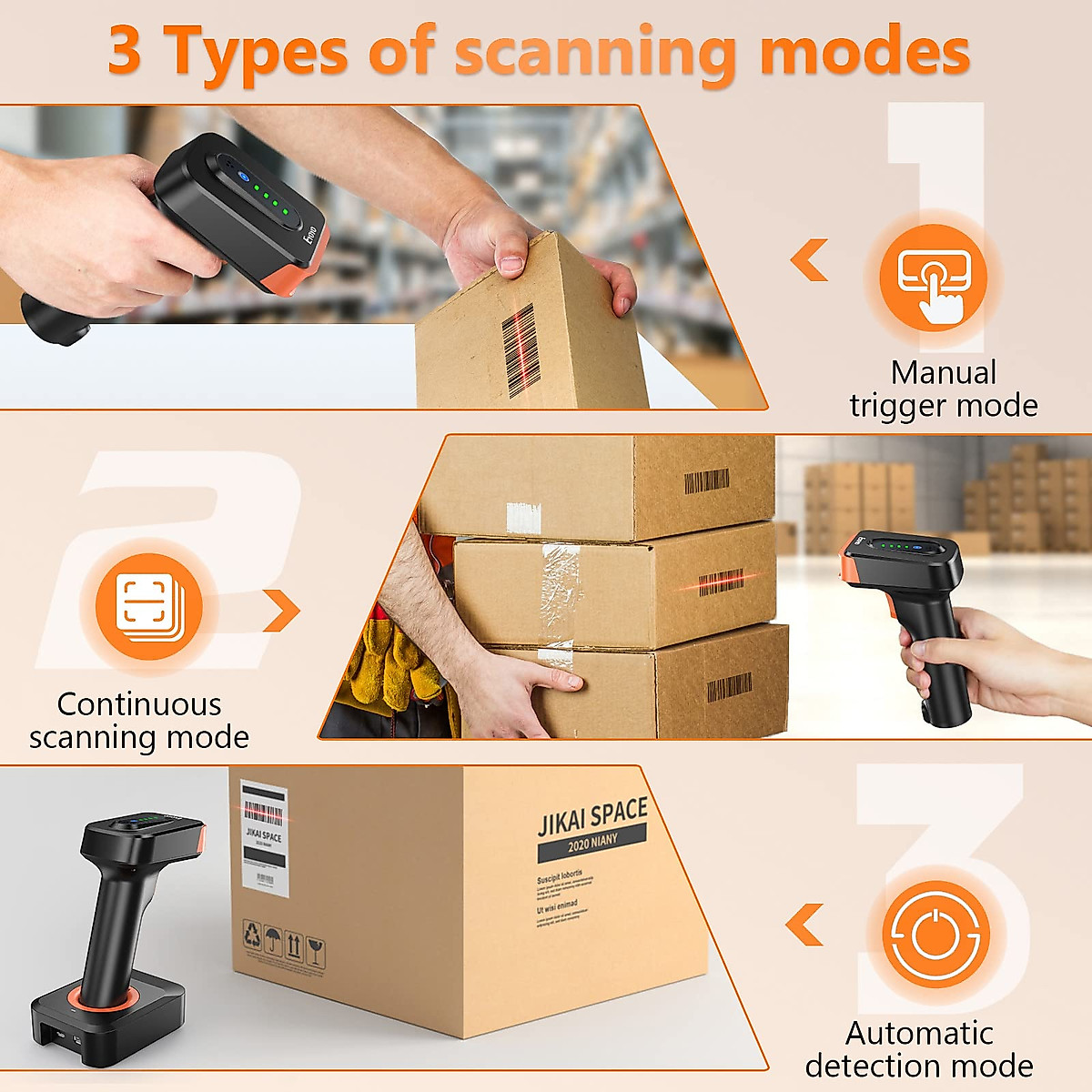 Eyoyo 2D QR Wireless Barcode Scanner, 3 in 1 Bluetooth & USB Wired & Wireless 1D 2D QR Barcode Reader, 2500mAh Cordless Bar Code Scanner for PC, iPhone, iPad, Tablets