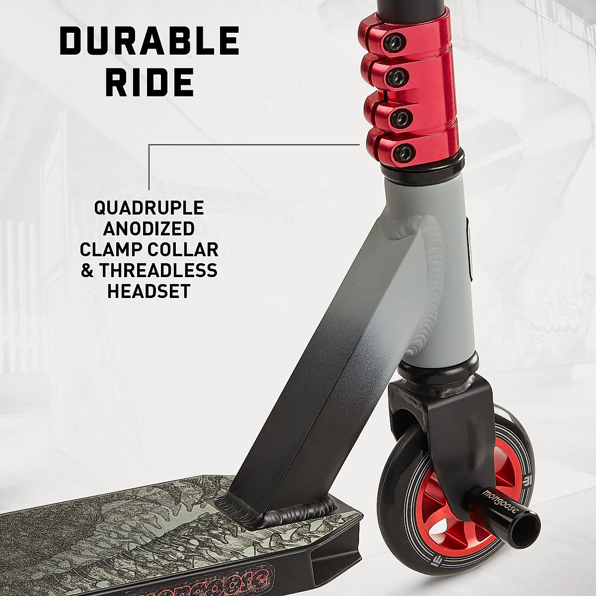 Mongoose Rise 100 Pro Freestyle Stunt/Trick Scooter, Lightweight Alloy Deck & Heavy-Duty Frame Up to 220 lbs., T-Bar Handlebar w/ Bike-Style Grip, High Impact 100mm Wheels, Black/Red