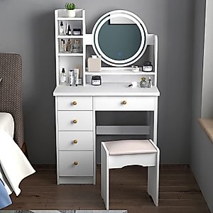 FUFU&GAGA Vanity Set with Round Mirror, Makeup Vanity Dressing Table with 5 Drawers, Shelves, Dresser Desk and Cushioned Stool Set (White/Lighted Mirror)