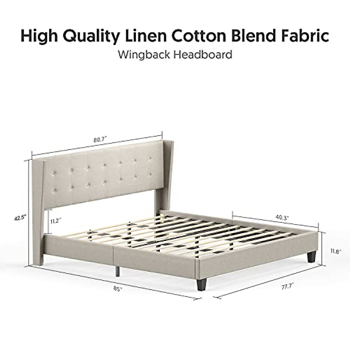 BONSOIR Bed Frame Upholstered Traditional Low Profile Platform with Wing Back Headboard/No Box Spring Needed/No Bed Skirt Needed/Linen Fabric Upholstery/Sand (Sand, King Size)