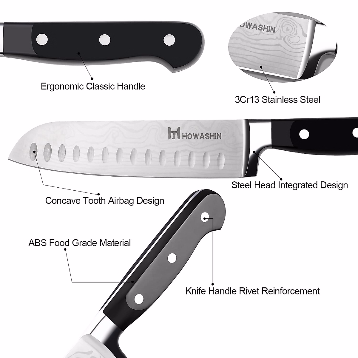 Howashin Kitchen Knife Set Sharp Janpanene Knife Set Sharp High Carbon Chef Knife Ergonomic Handle With Finger Guard and Christmas Gift Box