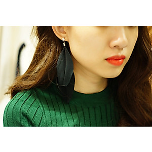 Handmade Black feather earrings for women Natural Goose native super Light Antique earrings (Black)