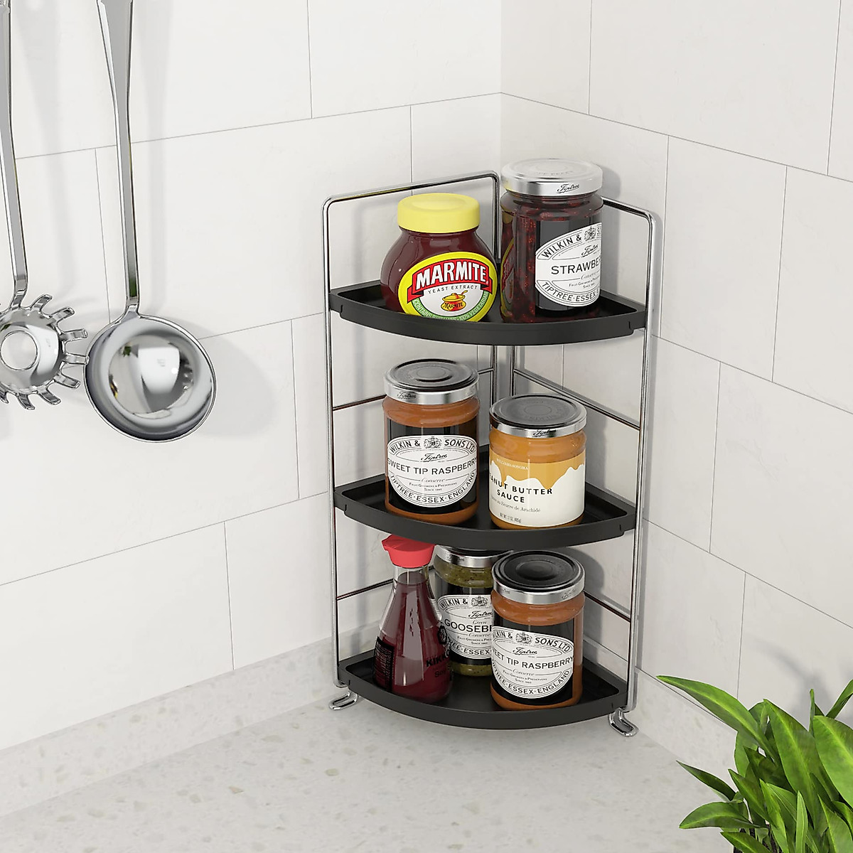 NLBTW 3 Tier Corner Bathroom Organizer Countertop, Bathroom Counter Shelf Vanity Organizer and Storage Cabinet for Makeup Skin Care Perfume Organizer Tray or Kitchen Spice Rack (Silver & Black)