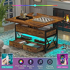Itaar 40" Lift Top Coffee Table, 4 in 1 Coffee Tables with Storage for Living Room, Small Farmhouse Coffee Table with 2 Drawers & LED Light for Dining Reception Room, Rustic Brown