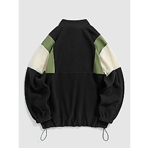 ZAFUL Men's Fluffy Polar Fleece Sweatshirt NEW YORK Embroidery Colorblock Half Zip Unisex Hoodie Black M