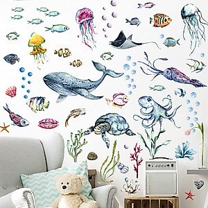 LiveGallery Ocean Life Wall Decals Under The Sea Wall Stickers Whale Jellyfish Clownfish Sea Turtle Cuttlefish Shell Seaweed Conch Coral Wall Decorations for Kids Bedroom Living Room Nursery