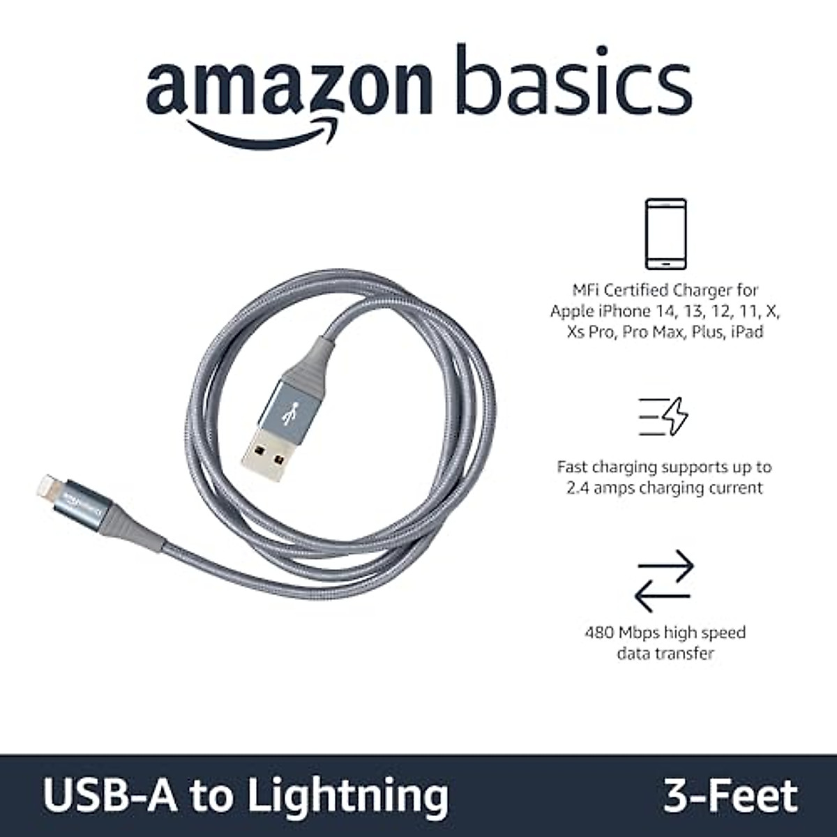 Amazon Basics USB-A to Lightning Charger Cable, Nylon Braided Cord, MFi Certified for Apple iPhone 14 13 12 11 X Xs Pro, Pro Max, Plus, iPad, 10,000 Bend Lifespan, 3 Foot, Dark Gray