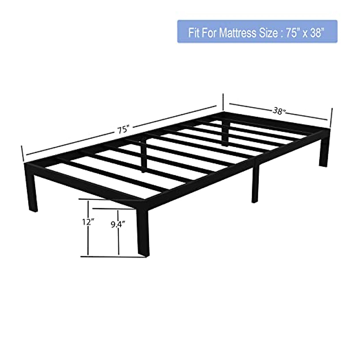 FIRSTHOMES Felix Twin Bed/Twin Platform Bed Frame/Twin Size Metal Bed Frame with Steel Slats/No Box Spring / 12" Metal Bed Frames/Easy Assembly/Without Headboard- Black