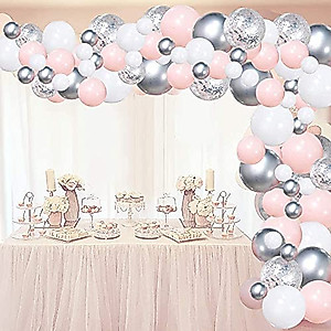 Silver Pink Balloons Garland Kit, 106pcs White and Silver Confetti Metallic Latex Balloons Arch with 16ft Tape Strip & Dot Glue for Girl Baby Shower, Birthday Party, Wedding, Anniversary Decorations