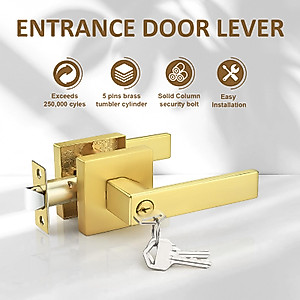 Probrico 2 Pack Gold Entry Door Lever Lock,Antique Brass Heavy Duty Interior Front Door Handles with Key, Entrance Exterior Lockset Each with 3 Different Keys