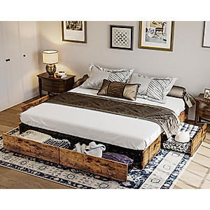 King Platform Bed Frame with 4 Storage Drawers, Sturdy and Stable, Noise-Free, No Box Spring Needed, Easy Assembly, Industrial Style, Brown