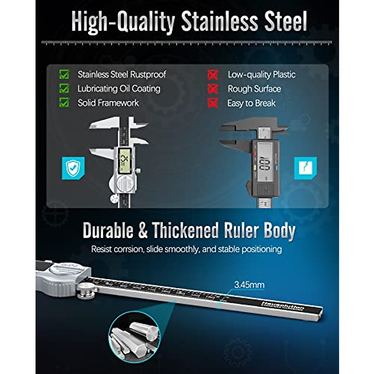 Housolution Digital Caliper, (ABS) Absolute Scale Caliper 6", IP54 Electronic Measuring Tool, Inch/MM/Fraction, Auto-Off LCD Stainless Steel Waterproof Micrometer Vernier Caliper, with Feeler Gauges