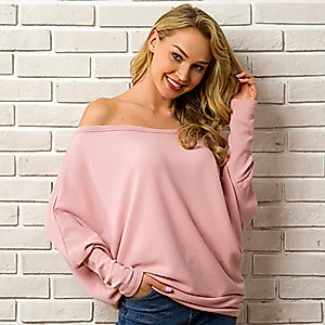 VOIANLIMO Women's Off Shoulder Knit Jumper Long Sleeve Pullover Baggy Solid Sweater (Large, Pink)