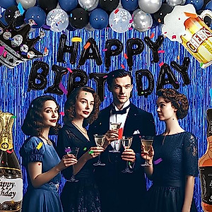 Navy Blue and Black Birthday Decorations for Men Women, Blue and Silver Birthday Party Decorations with Happy Birthday Banner,Fringe Curtains,Happy Birthday Decorations for Boys Girls Party Supplies