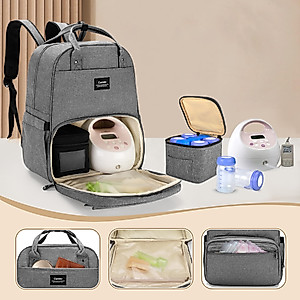 CURMIO Breast Pump Bag Compatible for Spectra S1, S2, Medela, Breast Pump Backpack with Compartment for Cooler Bag, with Padded Laptop Sleeve and Pockets for Working Moms, Gray