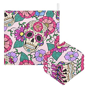 CUPADA 3 Pack Sugar Skulls Floral Baby Muslin Washcloths, Pink Halloween Face Towel Burp Cloths Ultra Soft Absorbent Cotton Bath Wipes Towels for Newborn Boys Girls