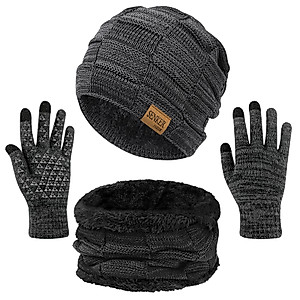 3 Pieces Winter Hat Scarf and Gloves Set for Men and Women, Knit Slouchy Beanie Cap&Neck Warmer&Screen-Touch Texting Gloves Black