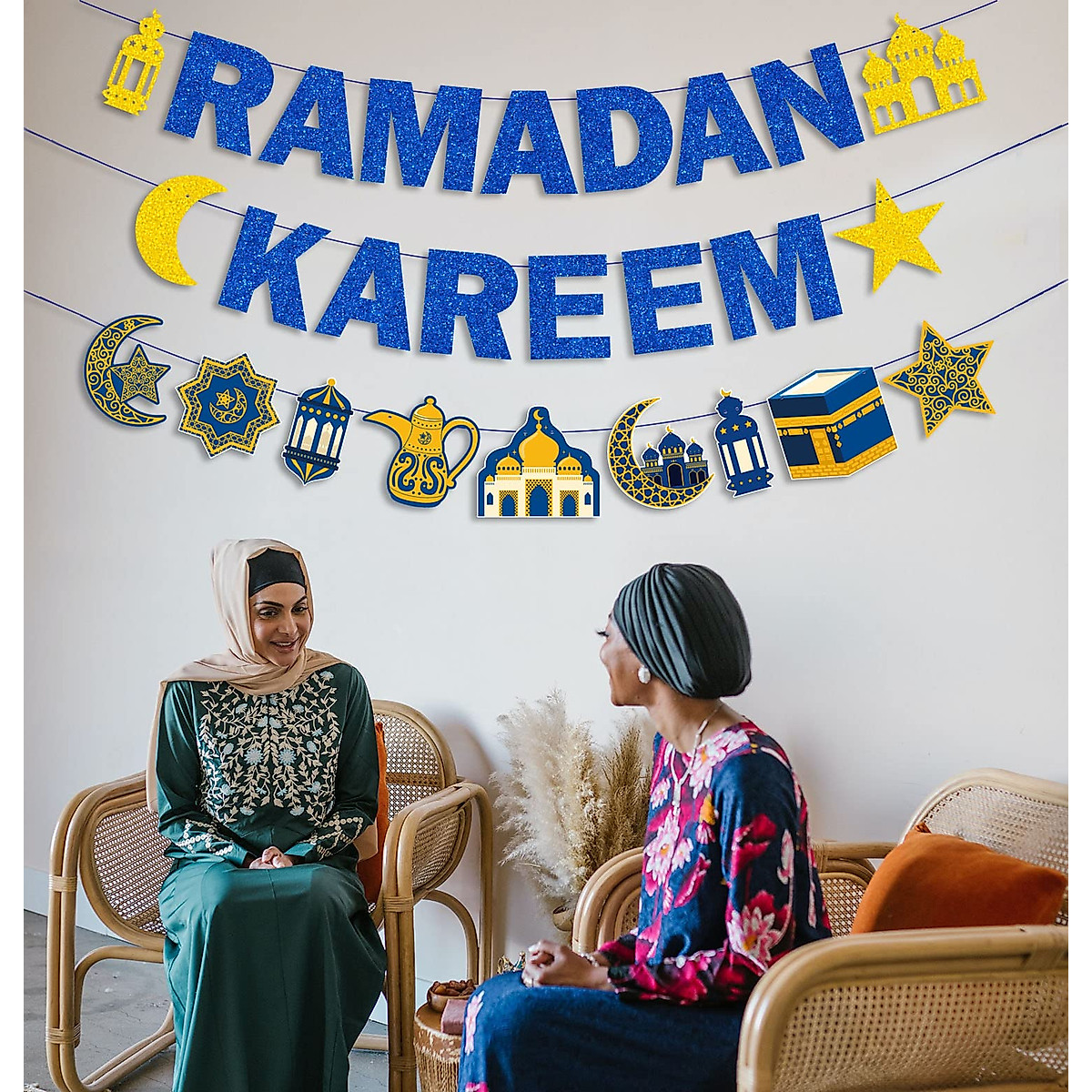 JKQ Blue Glitter Ramadan Kareem Banner and Lantern Star Moon Castle Pattern Banner Muslim Ramadan Mubarak Garland Banner Islamic Eid Mubarak Festival Celebration Party Fireplace Decorations