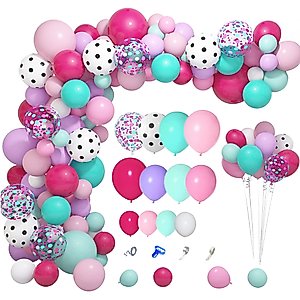 Amandir 152pcs Surprise Party Balloons Garland Arch Kit, Rose Red Aqua Blue White Polka Dots Confetti Latex Balloon for Spa Girls Surprise Birthday Baby Shower Decorations Supplies & 4 Balloon Tools