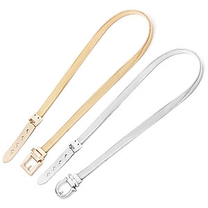 Glamorstar 2 Pieces Metal Stretch Elastic Waist Belt Skinny Thin Belt for Women Dress Set 7-Gold Silver