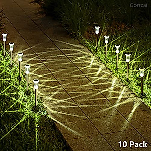 Gorrzai Solar Outdoor Lights 10 Pack Pathway Solar Lights LED Waterproof Stainless Steel Garden Stake for Pathway, Walkway, Sidewalk, Driveway, Lawn (Warm White)