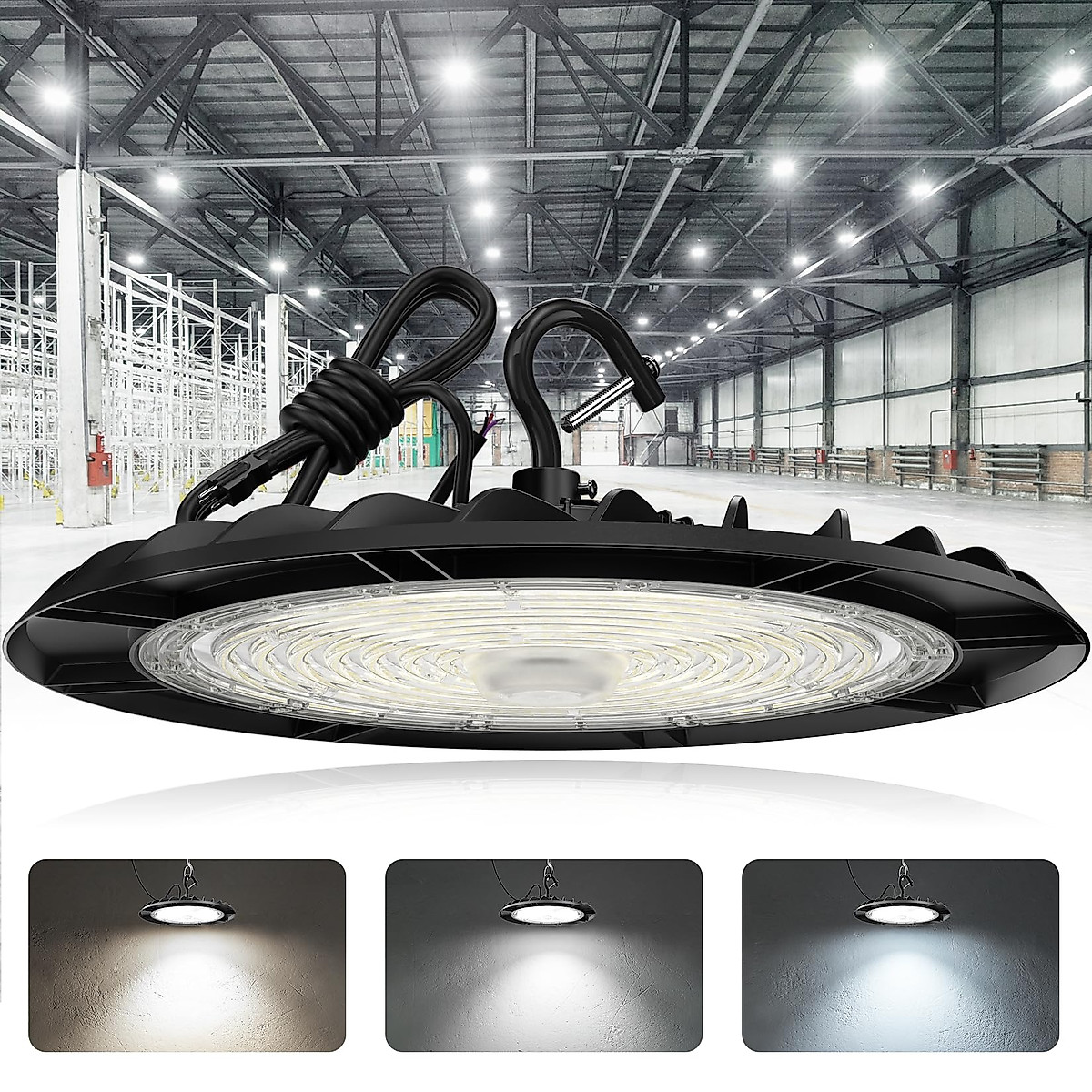 Hylele UFO LED High Bay Shop Light 200W/150W/100W Adjustable 6000K/5000K/4000K Dimmable Commercial Bay Lighting 100-277V Plug&Play for Factory Warehouse