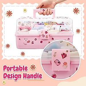 Rtteri Hair Accessories Organizer 13 Inch Hair Accessories Storage Box with Fold Tray and Handle 3 Layers Plastic Tool Box Hair Accessories Organizer Box for Art Sewing Nail with Stickers (Pink)