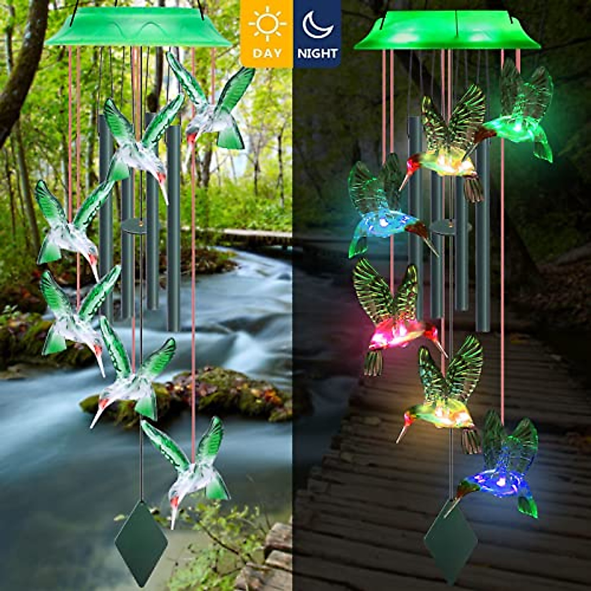 Solar Wind Chimes for Outside - 37" WANQDG 6 LED Hummingbird Color Changing Wind Chime with 4 Green Metal Tube, Music Wind Chimes Great as a Gift for Women mom Grandma Best Friends' Birthday Gift